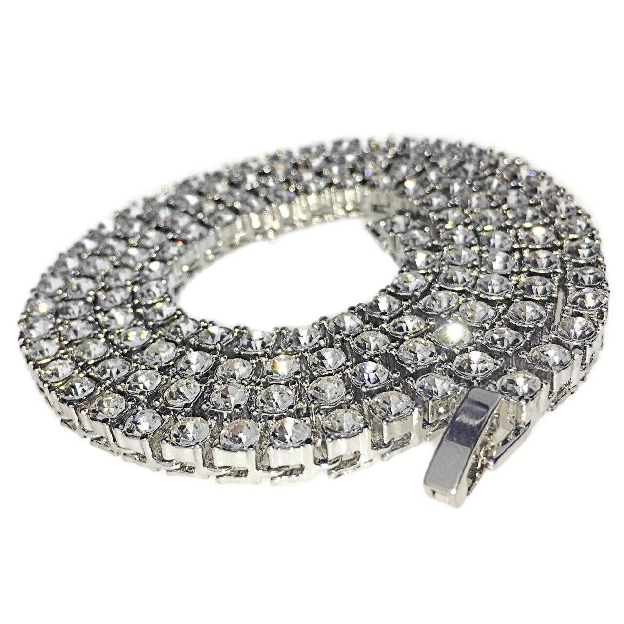 Mens 24" Inch Tennis Necklace Bling 1 One Row Silver Tone Bling Hip Hop ...