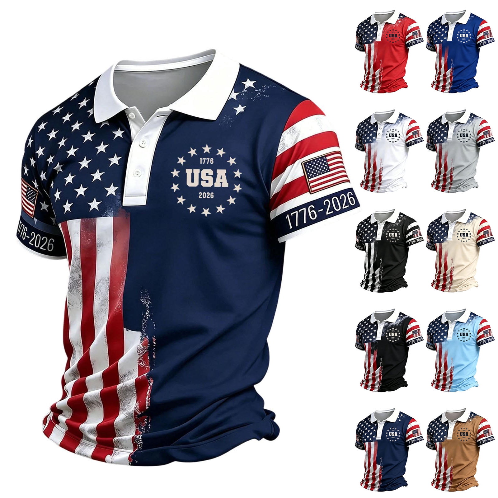 Mens 250th Anniversary Polo Shirts 4th of July Independence Day Button ...