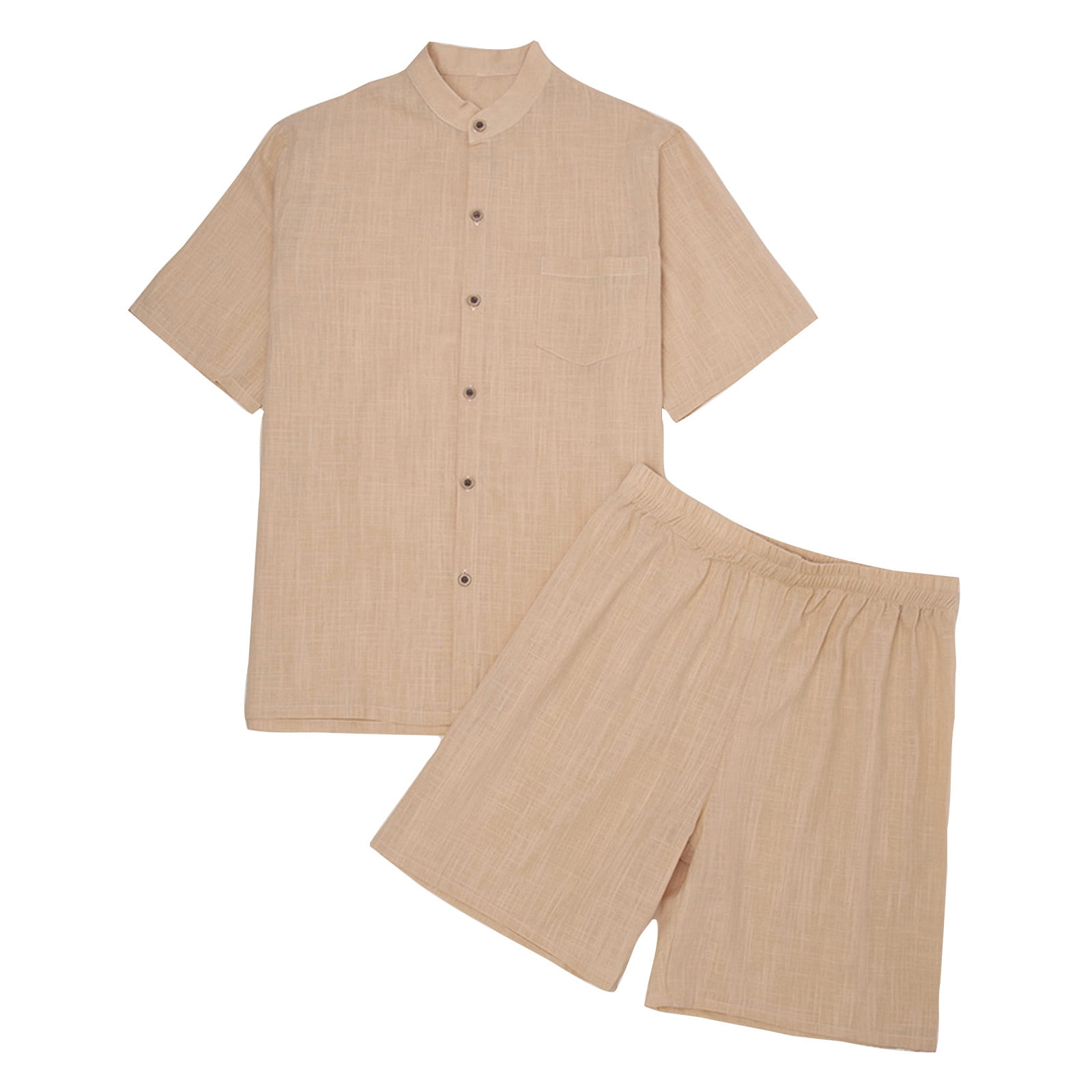 Mens 2PCS Cotton Pajamas Set Stand Collar Short Sleeve Button Down ...