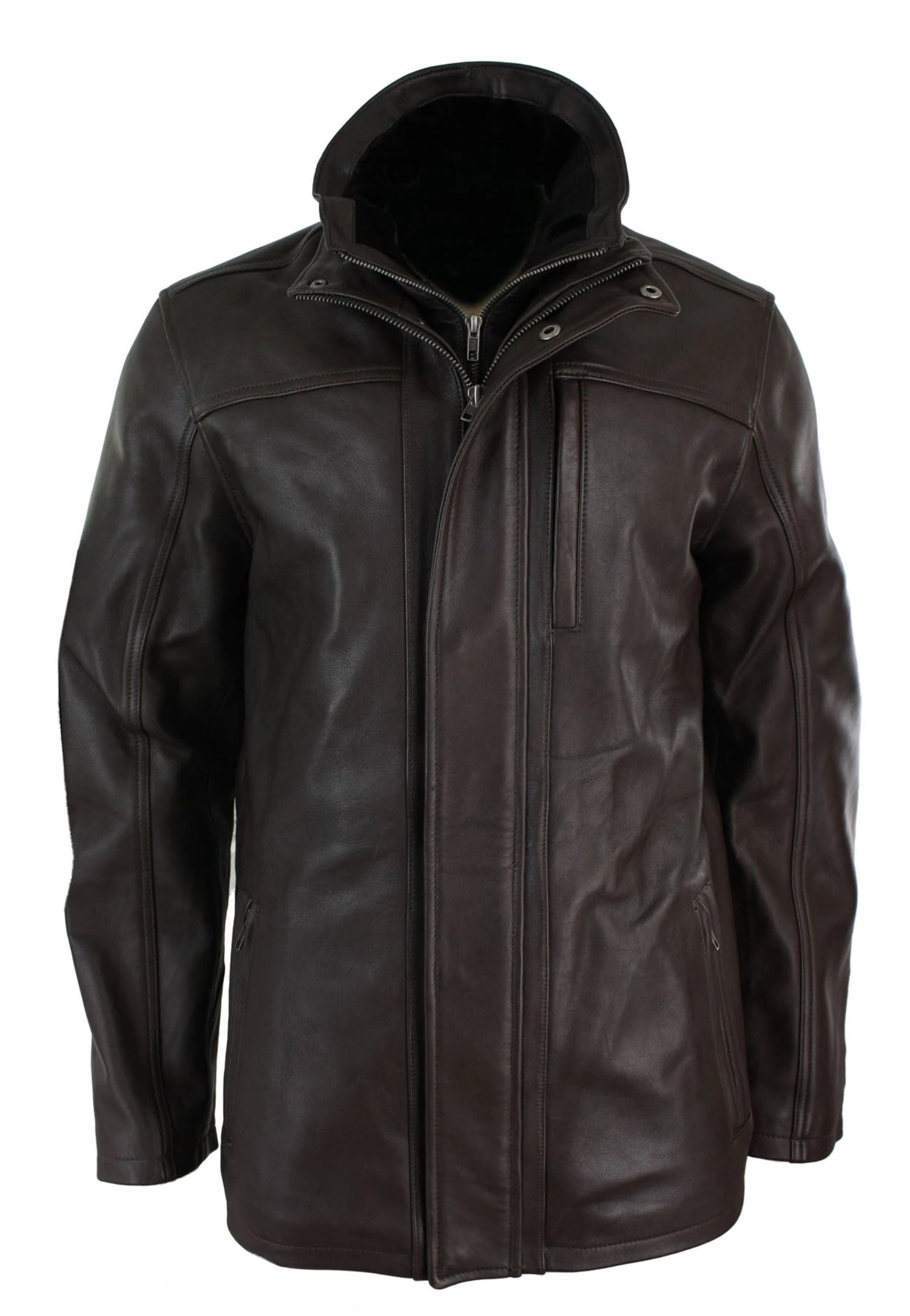 Mens 3/4 Real Leather Safari Jacket Overcoat Removable Double Zip Black ...