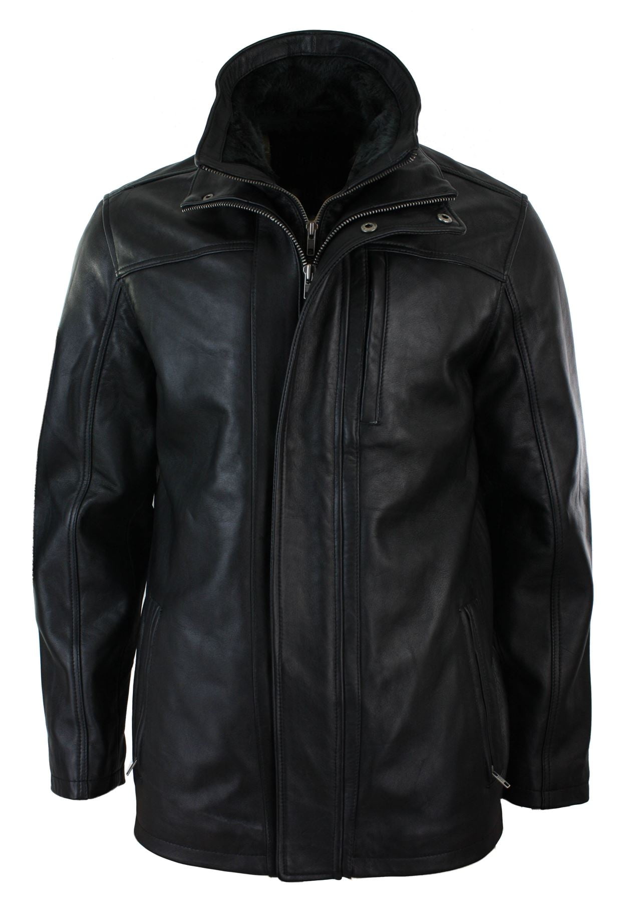 Mens 3/4 Real Leather Safari Jacket Overcoat Removable Double Zip Black ...