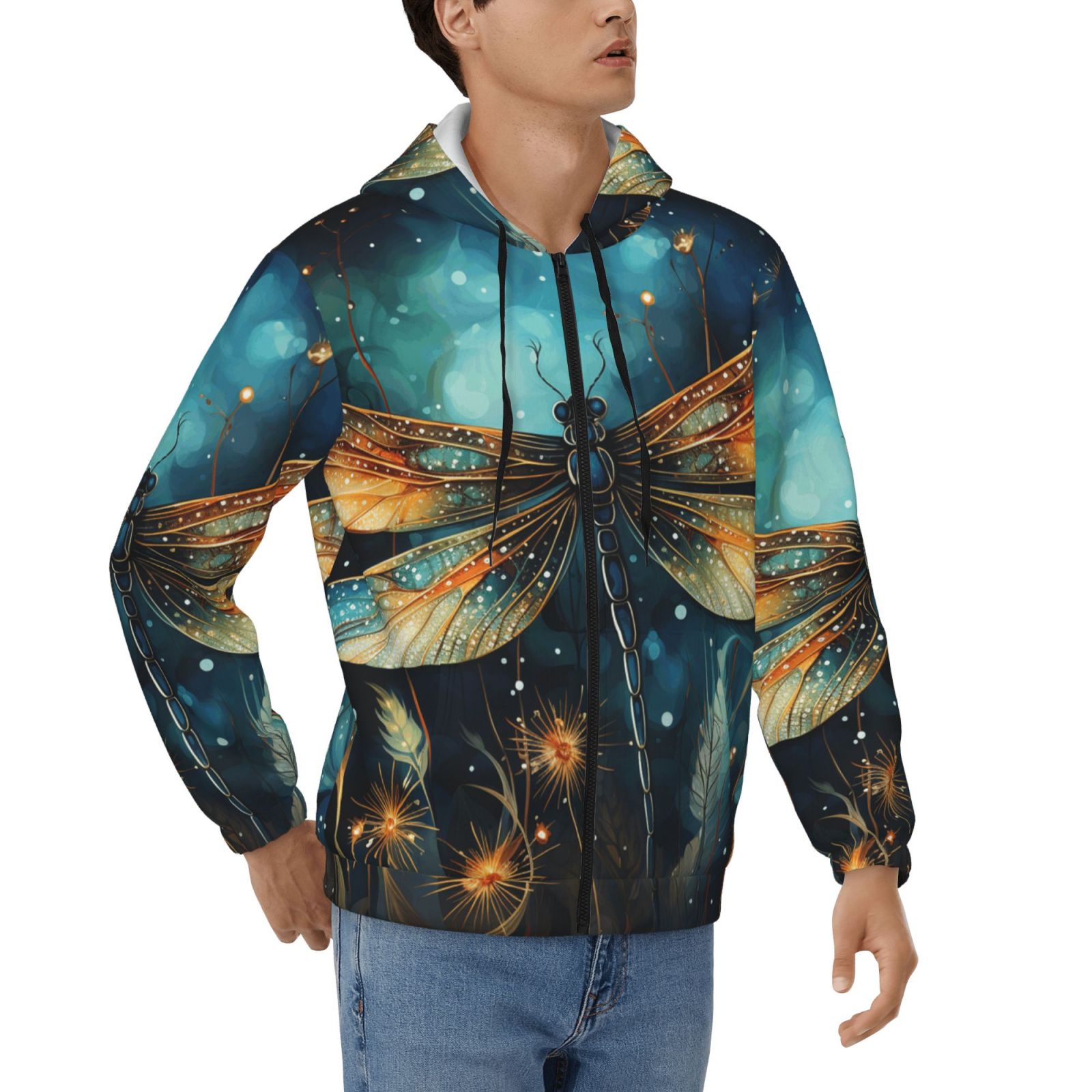Mens 3D Print Full Zip Hoodie Jackets Hooded Sweatshirt, Dragonfly Art ...