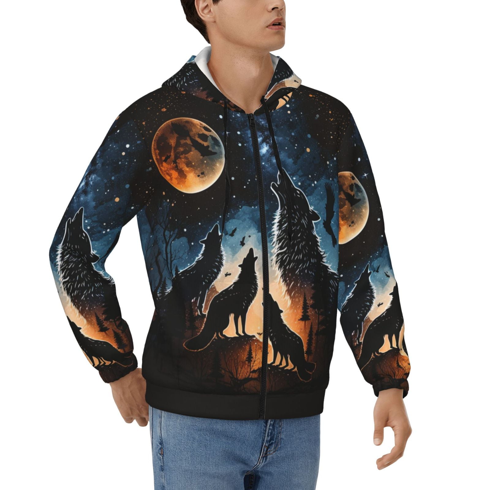 Mens 3D Print Full Zip Hoodie Jackets Hooded Sweatshirt, Wolf Howling ...