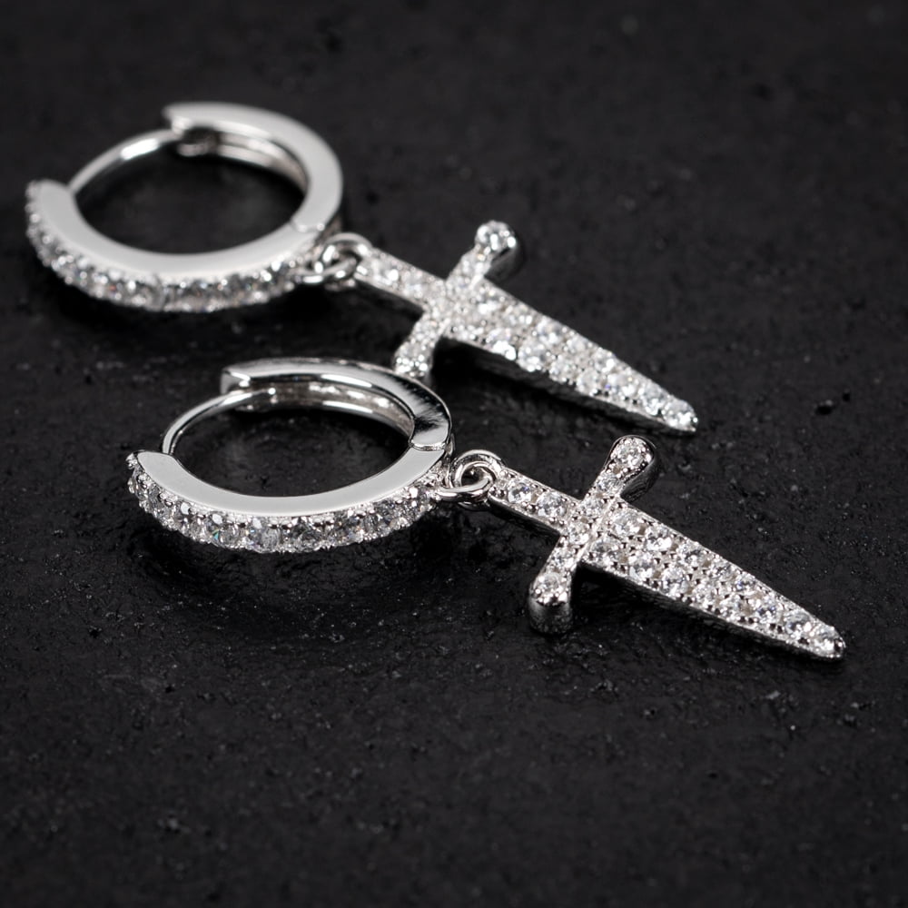 Mens 925 Sterling Silver CZ Iced Real Bling Jewelry, Hanging Dagger Sword Dangle Cross Hoop ...