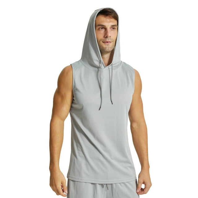 Mens Active Workout Hooded Tank Tops Running Gym Workout Training Hoodies Sleeveless Cut Off T ...