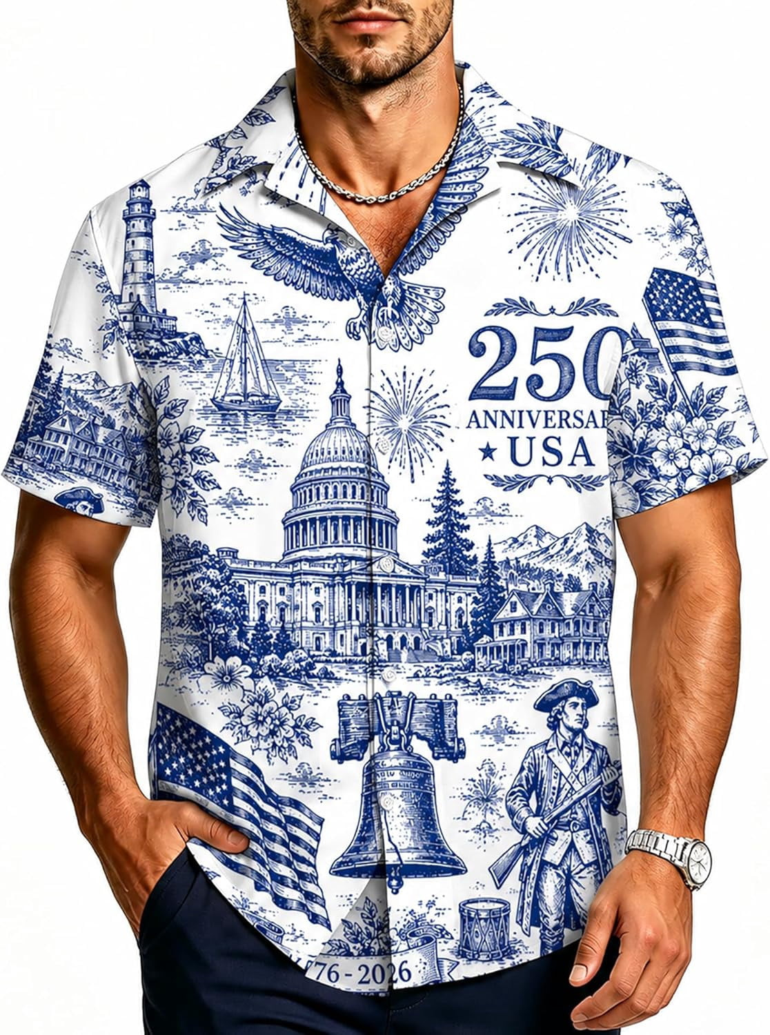 Mens American 250th Anniversary Hawaiian Shirt 4th of July Button Down ...