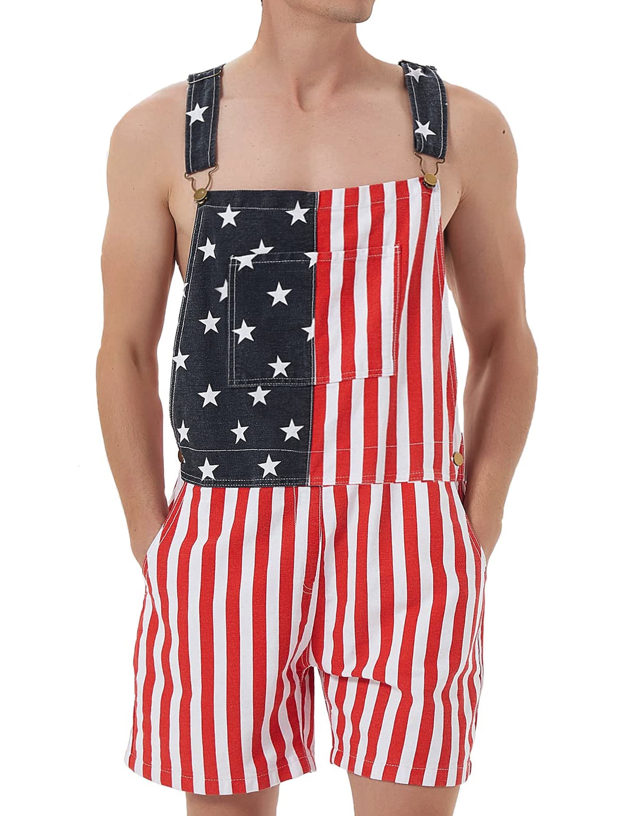 YXLUOKY Mens American Flag Denim Overalls, Red White Blue Shorts, 4th ...