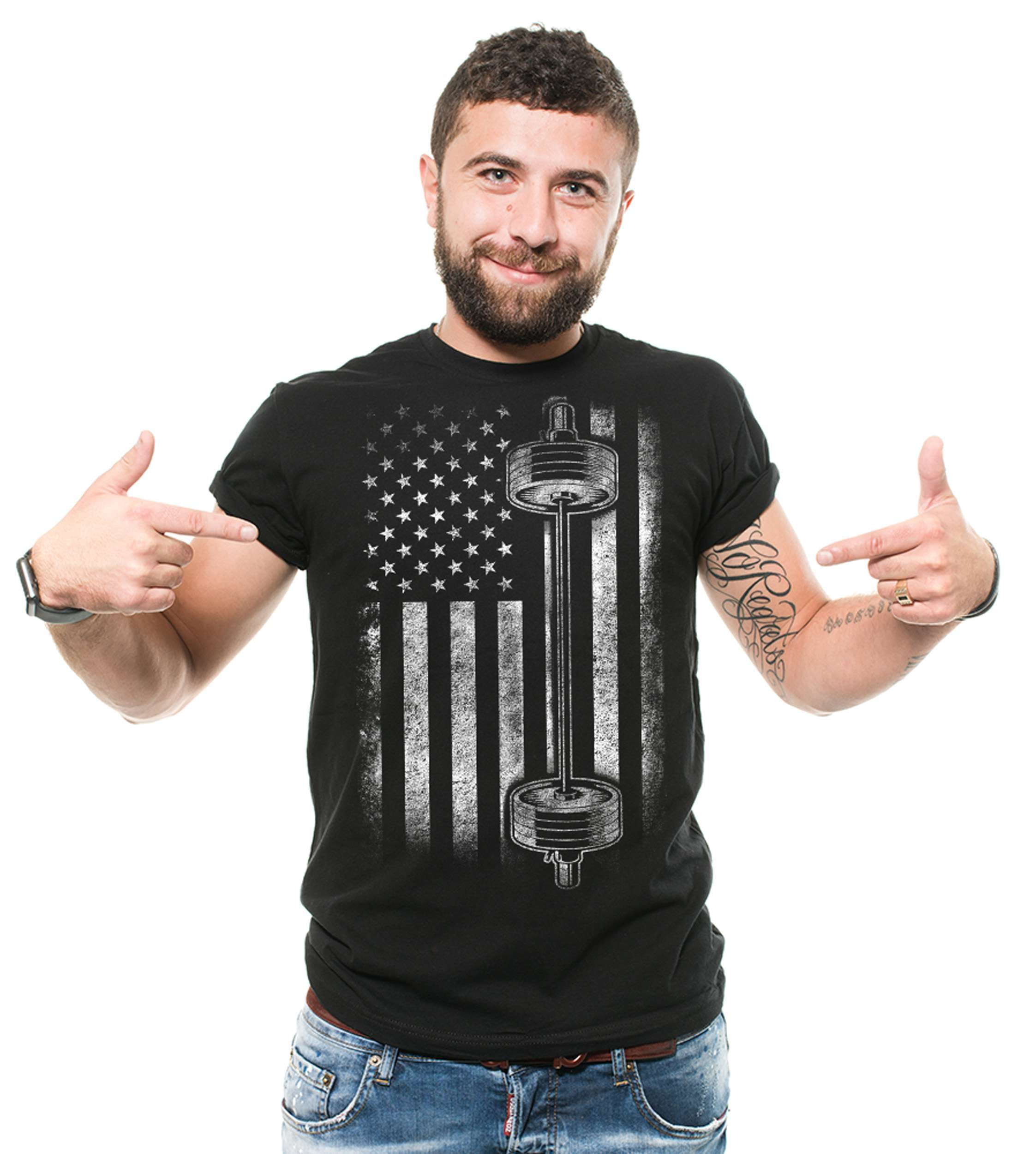 Mens American Flag With Barbell Shirt USA Freedom Shirt Workout T-Shirt ...