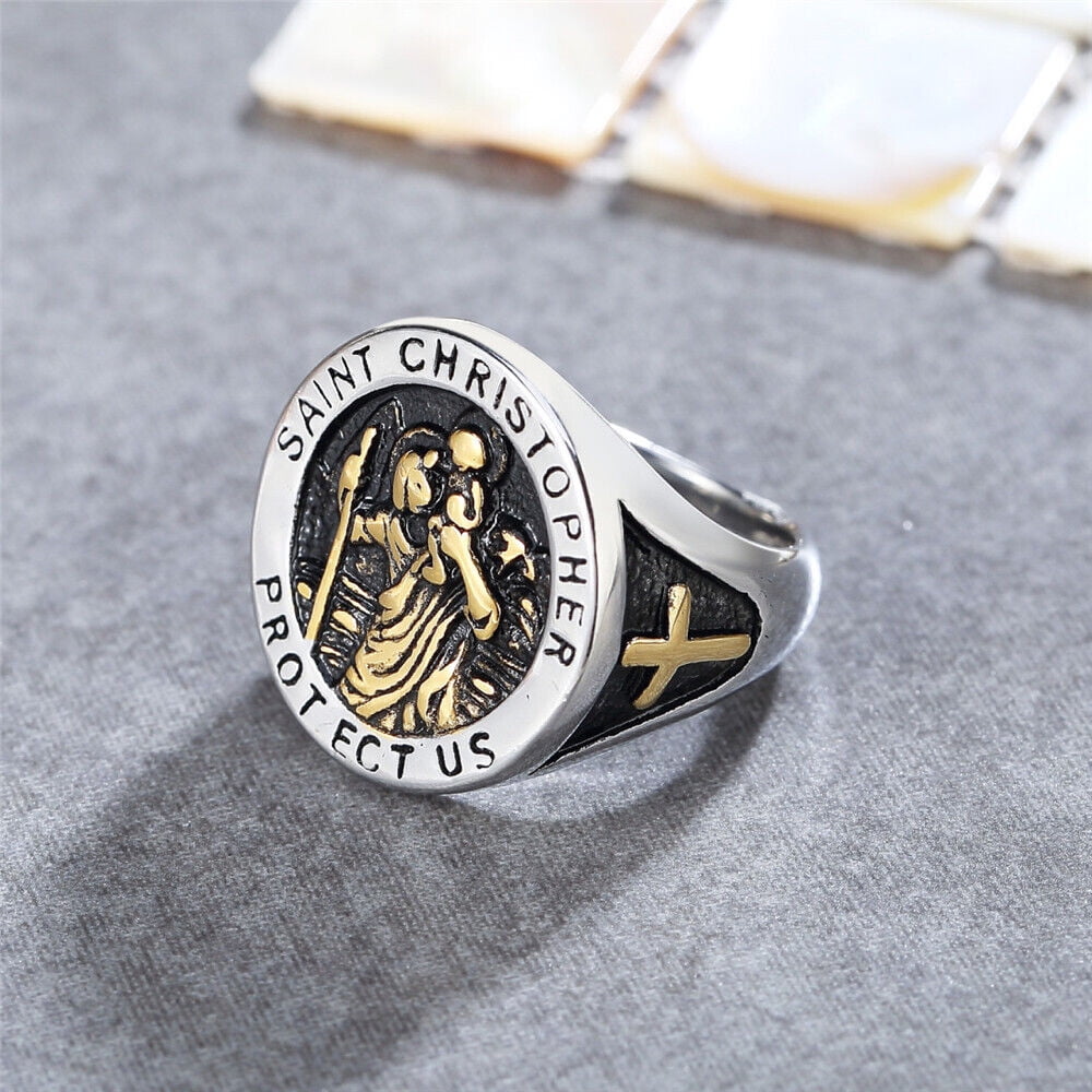 Mens Amulet Ring Stainless Steel St Saint Christopher Medal Signet Ring ...