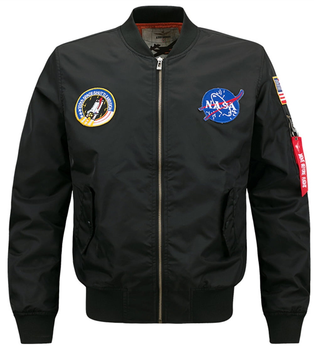 Mens Apollo NASA Patches Stand Collar Patch Military Coat Bomber Biker Jacket Outdoor Flight ...