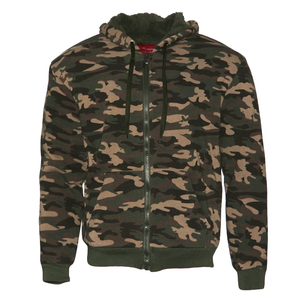 Mens Army Camo Zip Up Hoodie Sherpa Fleece Lining Sweater Jacket Green ...