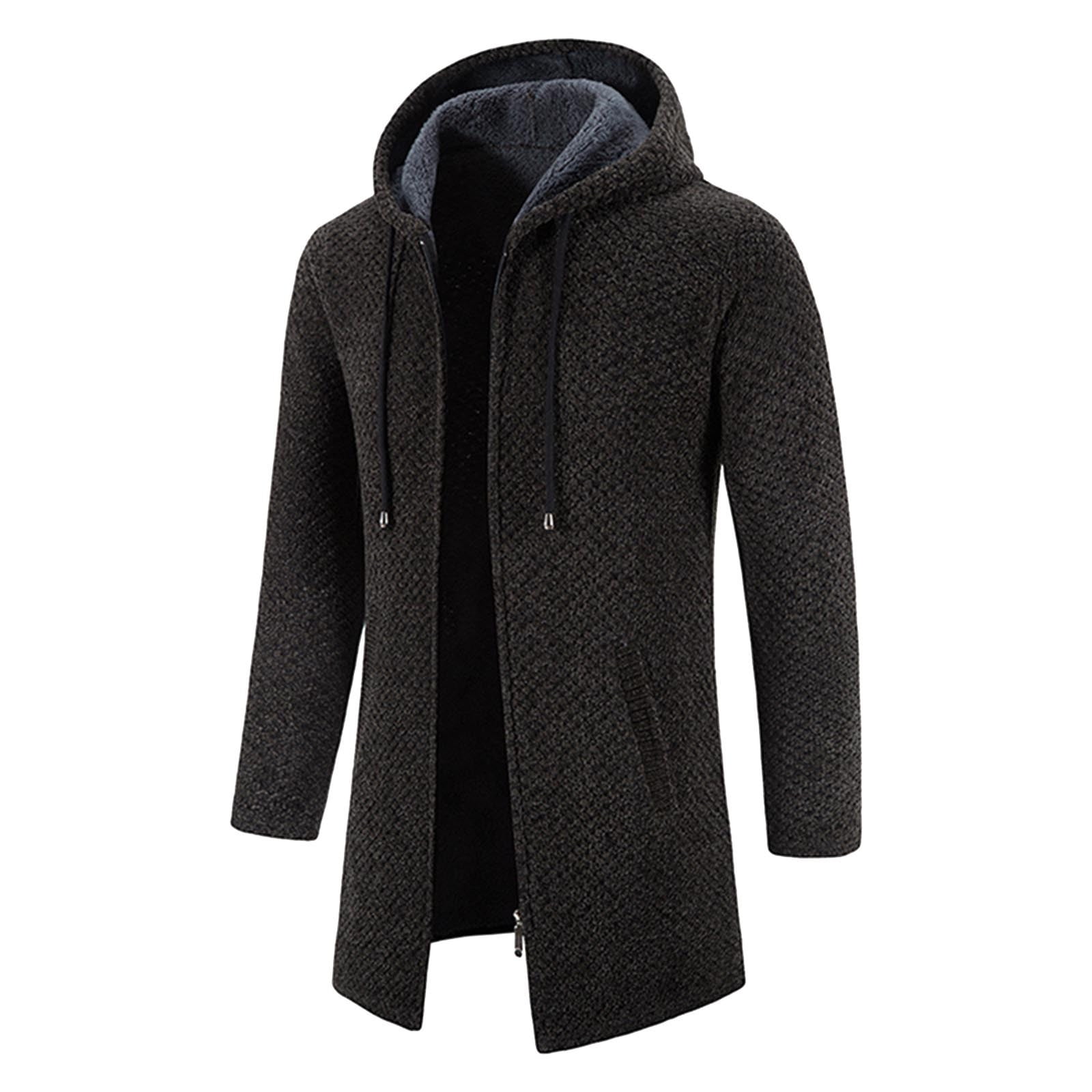 Mens Autumn And Winter Solid Hooded Zipper Warm Cardigan Knitted Coat Mens Winter Coats Plus