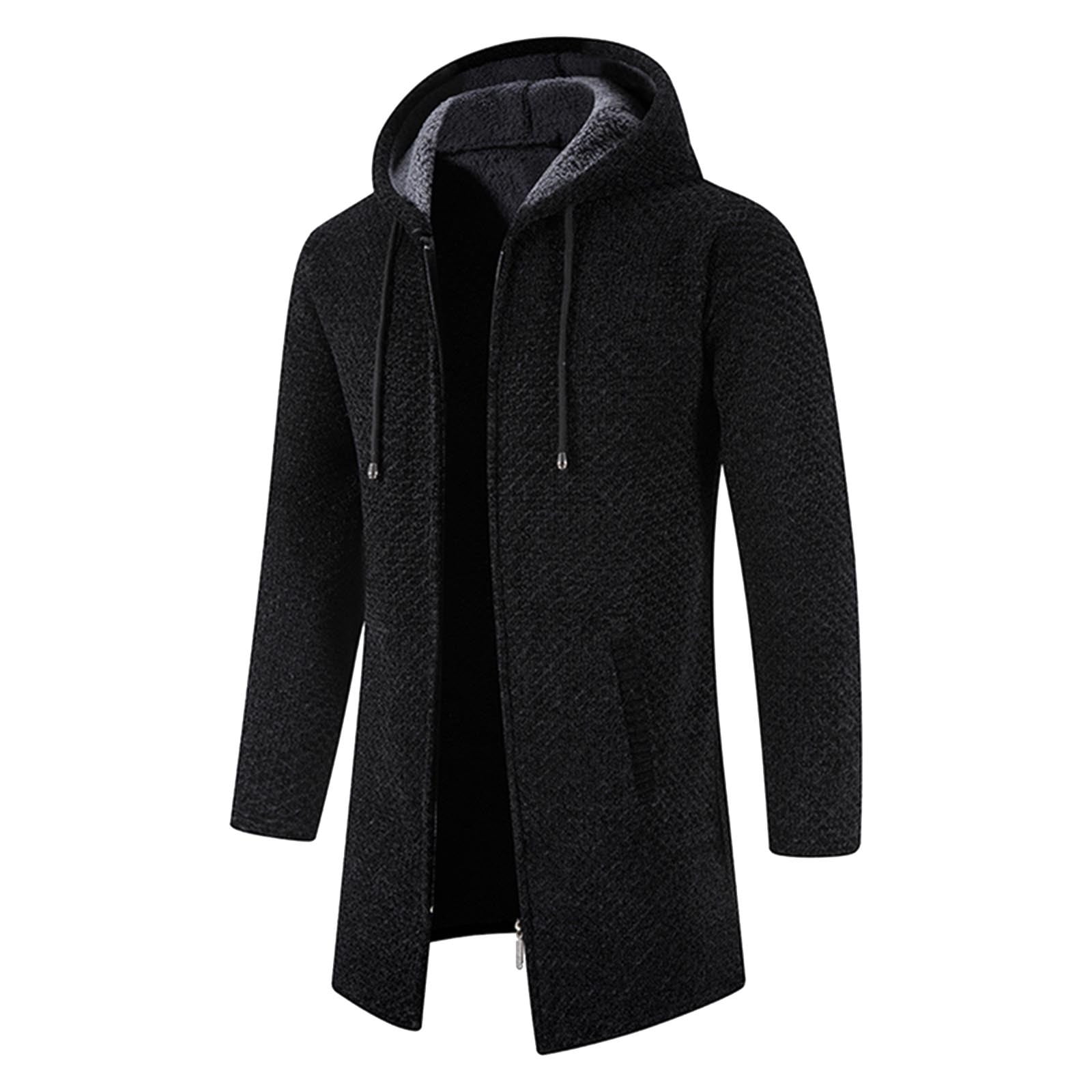 Mens Autumn And Winter Solid Hooded Zipper Warm Cardigan Knitted Coat Trench Coat Long Wool