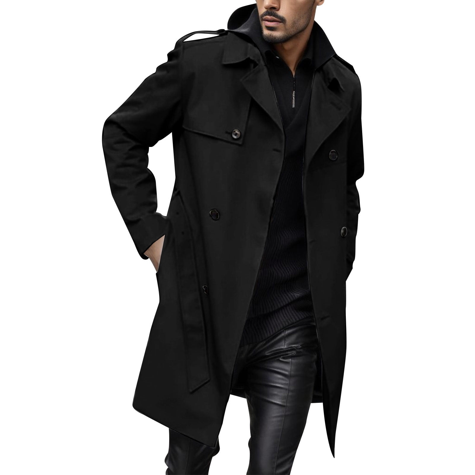 Mens Autumn Solid Color Lapel Pocket Slim Double Windbreaker Coat With ...