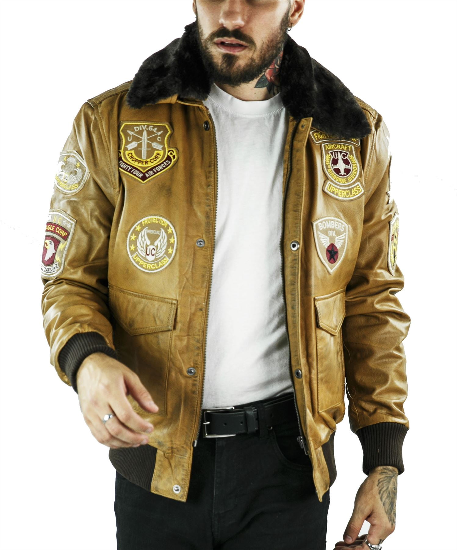 Mens Aviator Flying Pilot Bomber Jacket Vintage Tan Removable Black Fur ...