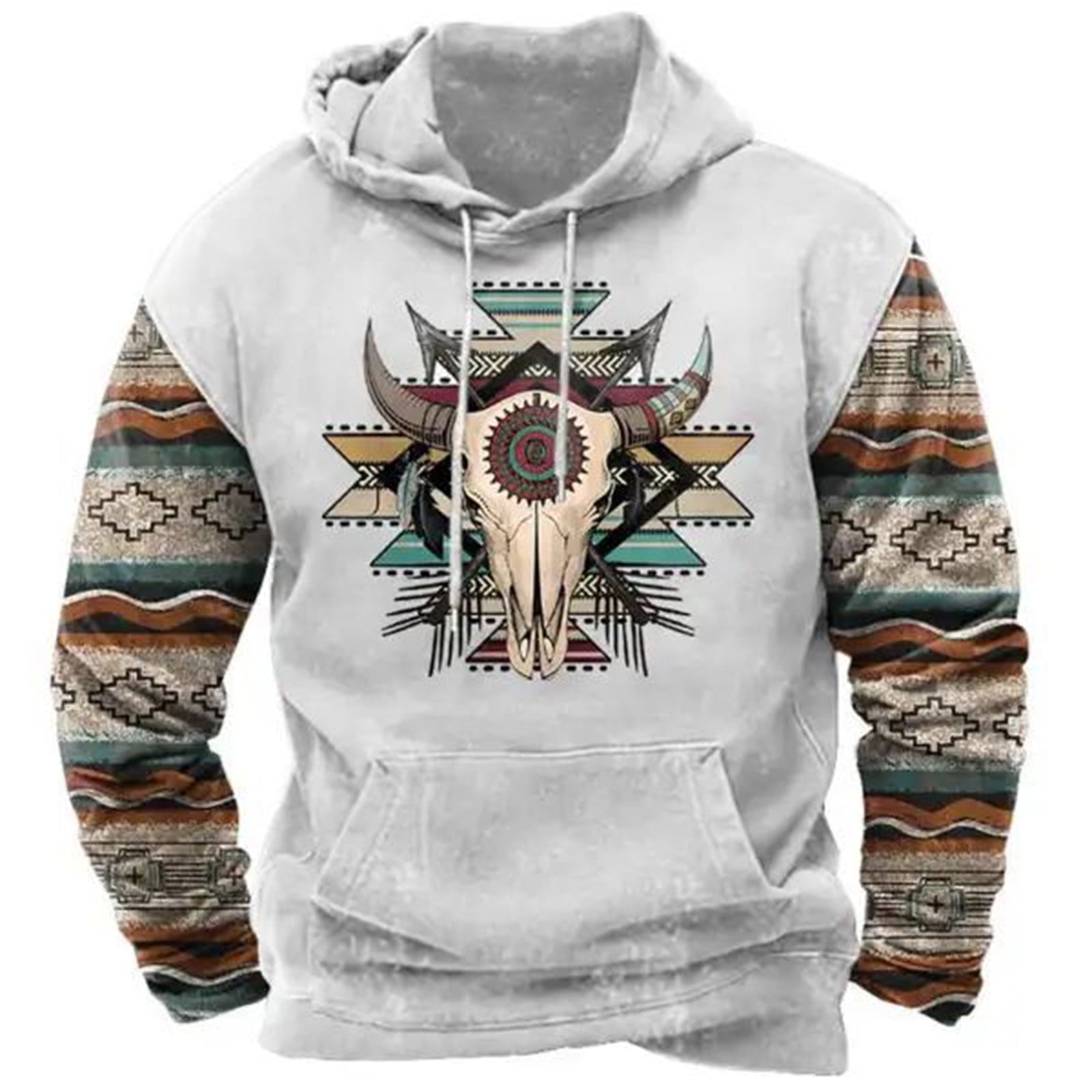 Mens Aztec Bull Skull Print Hoodie Long Sleeve Drawstring Pullover ...