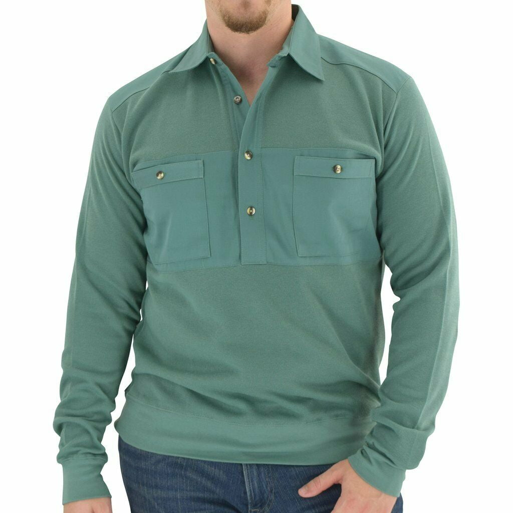 Mens Banded Bottom Long Sleeve Solid Knit Shirt Woven Chest Panel in 9 ...
