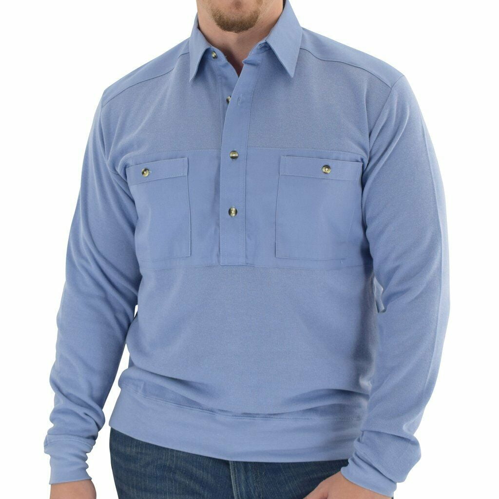 Mens Banded Bottom Long Sleeve Solid Knit Shirt Woven Chest Panel in 9 ...