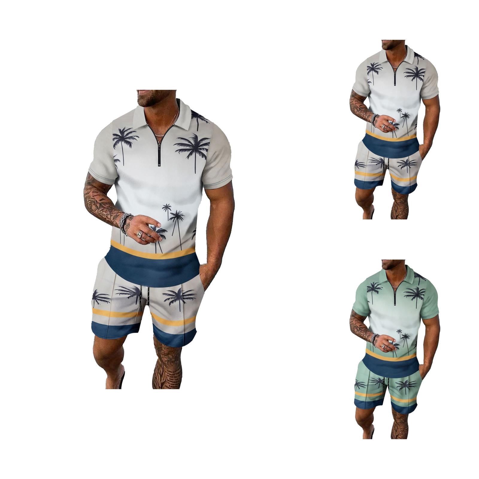 Mens Beach Vacation Outfit Set Short Sleeve Quarter Zip Polo Shirt and ...