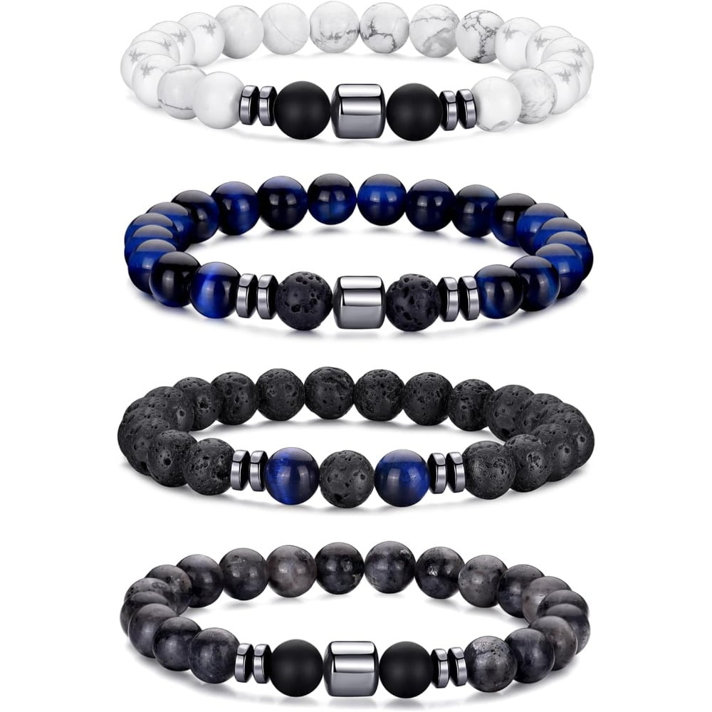 Mens Beaded Bracelets Set 8MM Tiger Eye Lava Stone Stretch Natural ...