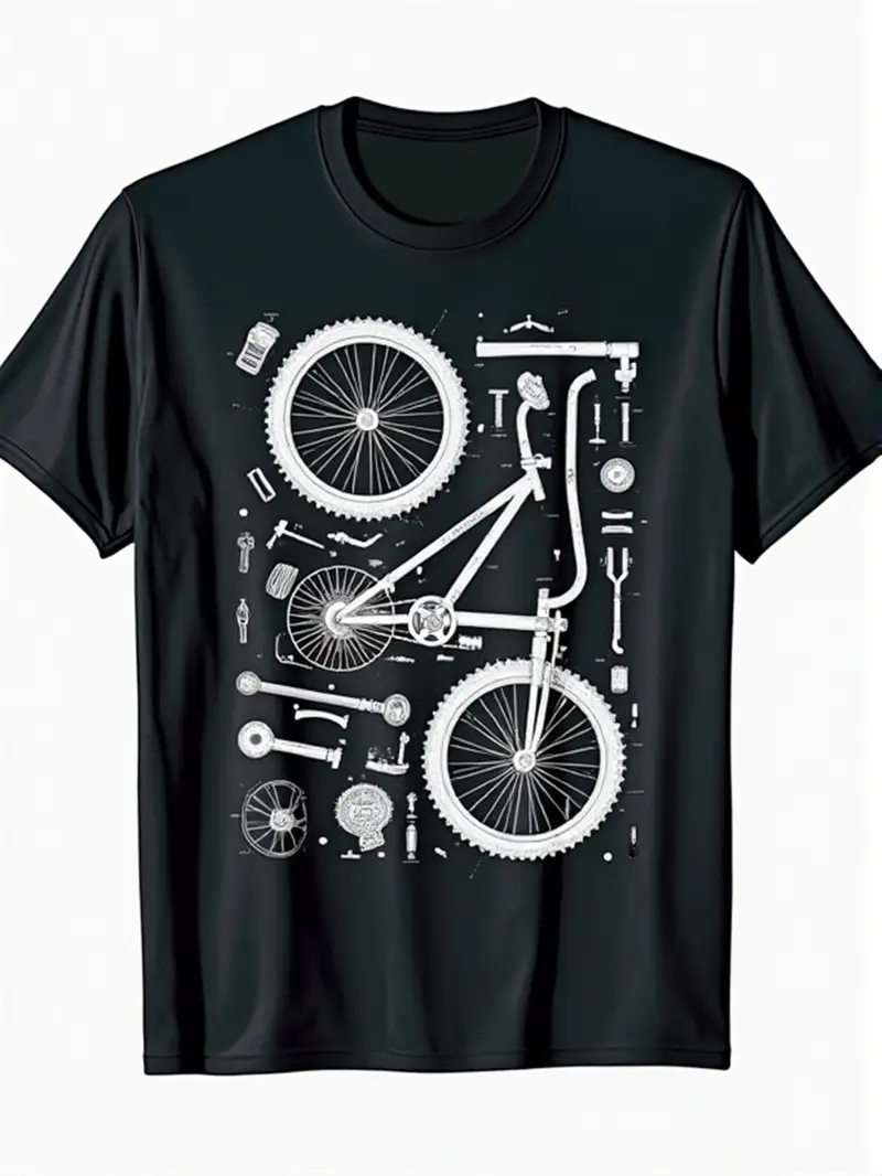 Mens Black Cotton Cycling T-Shirt with White Bike Parts Graphic ...
