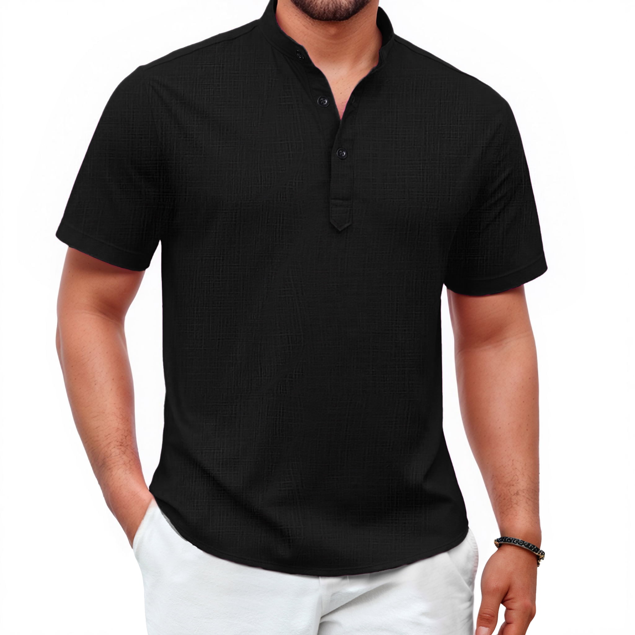 Mens Black Cotton Linen Henley Shirts Casual Short Sleeve Beach Tee with Band Collar for ...