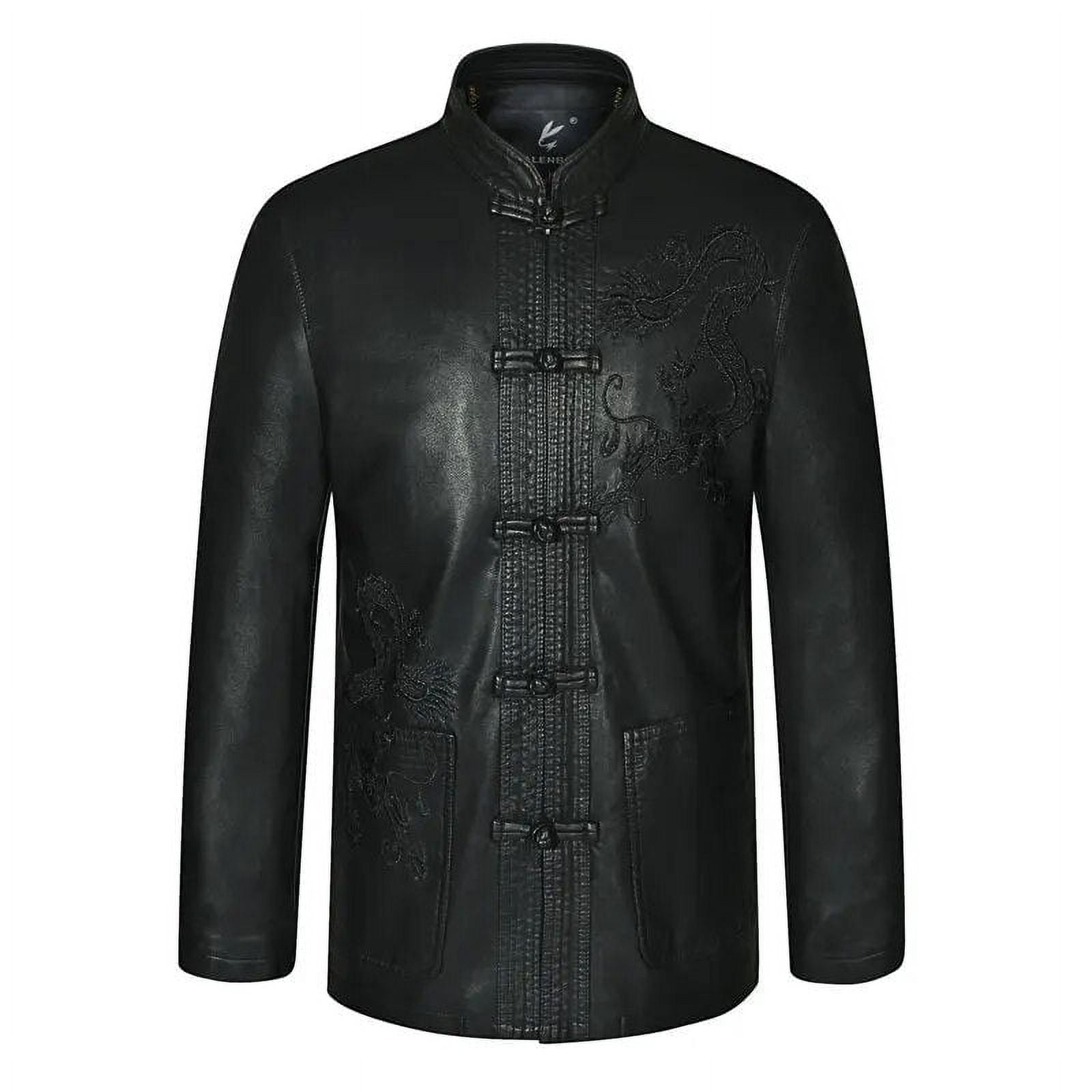 Mens Black Ethnic Tang Suit Mandarin Collar Leather Kong Fu Jackets ...