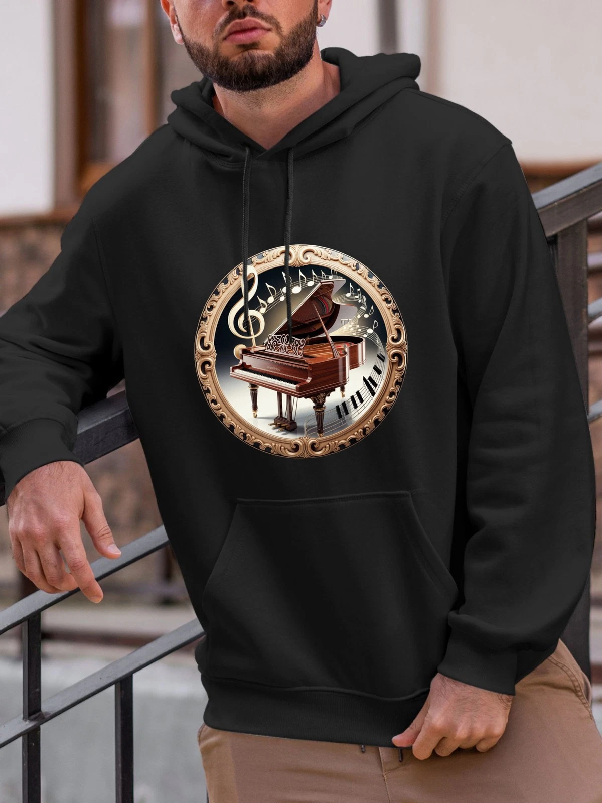 Mens Black Grand Piano Music Notes Piano Key Collar Print Hoodie Shirt ...
