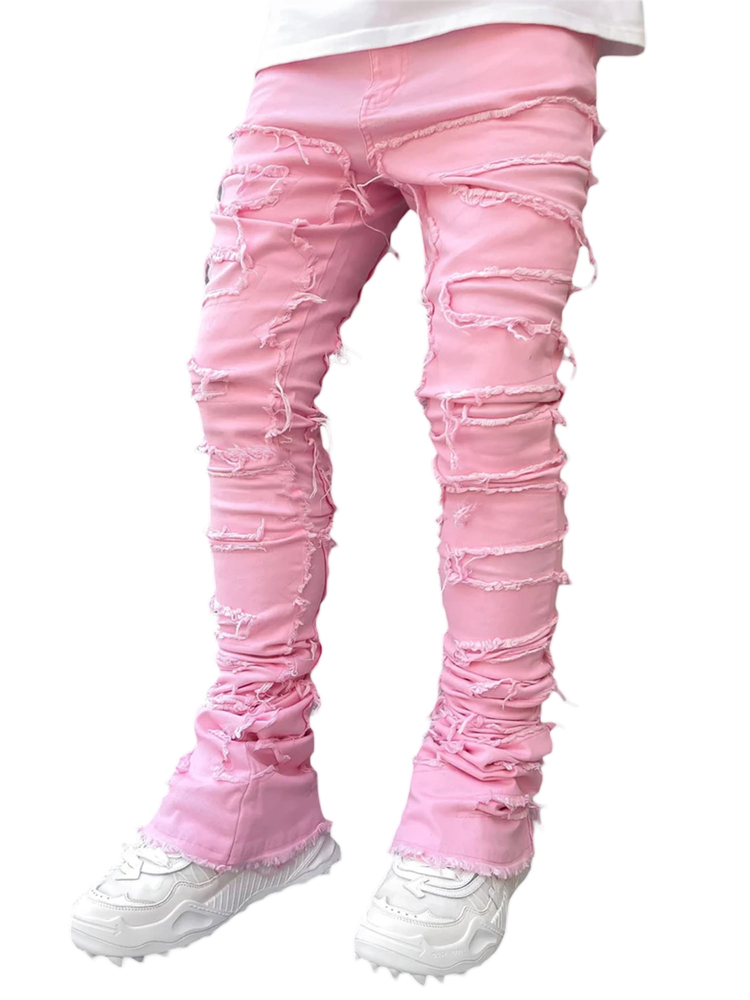 Mens Black Stacked Jeans Slim Fit Skinny Ripped Jeans Destroyed ...