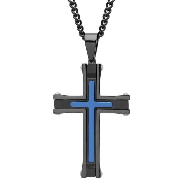 Mens Black and Blue Stainless Steel Stacked Cross Pendant Necklace ...