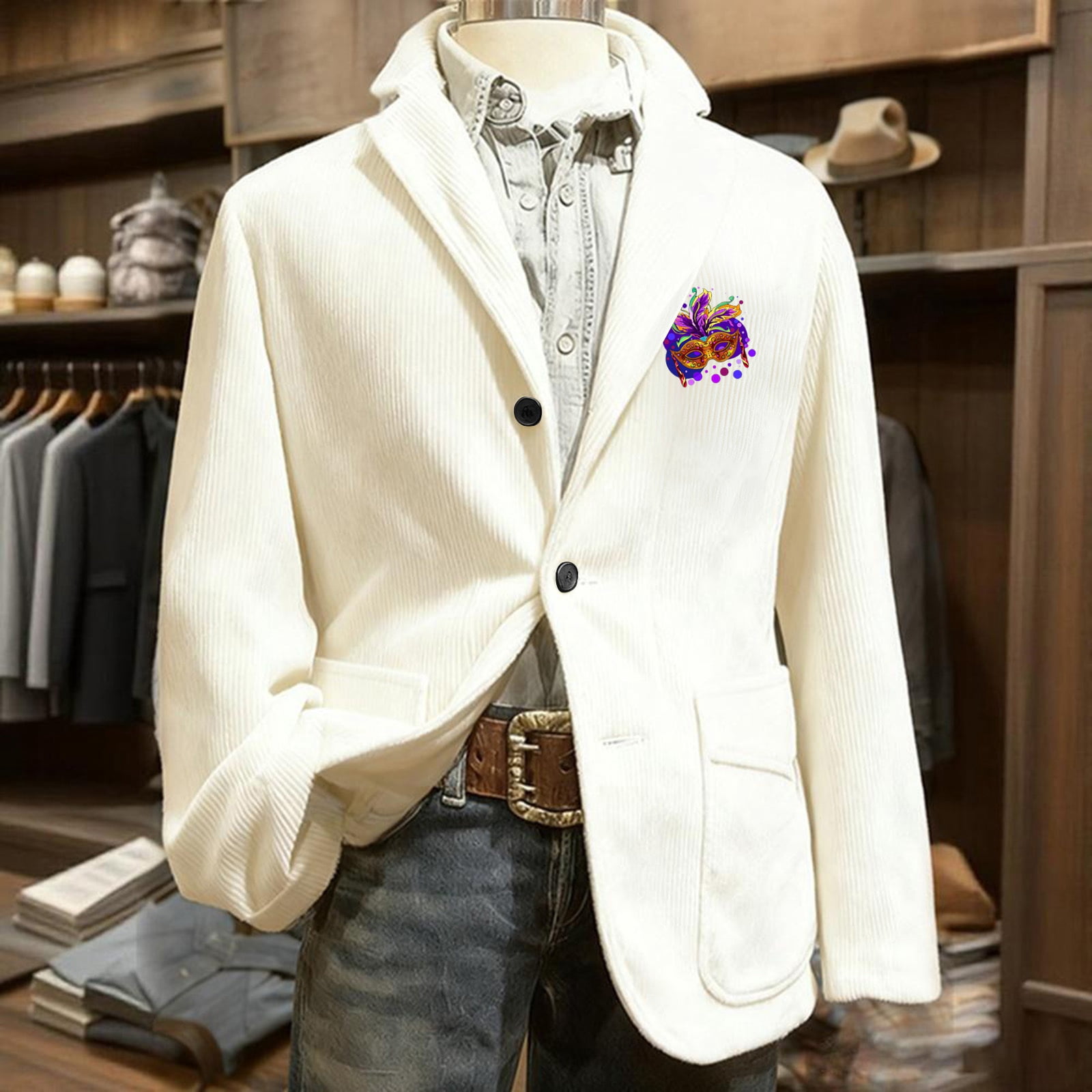 Mens Blazer Mardi Gras Suit Jacket Corduroy Mask Print Carnival Themed ...