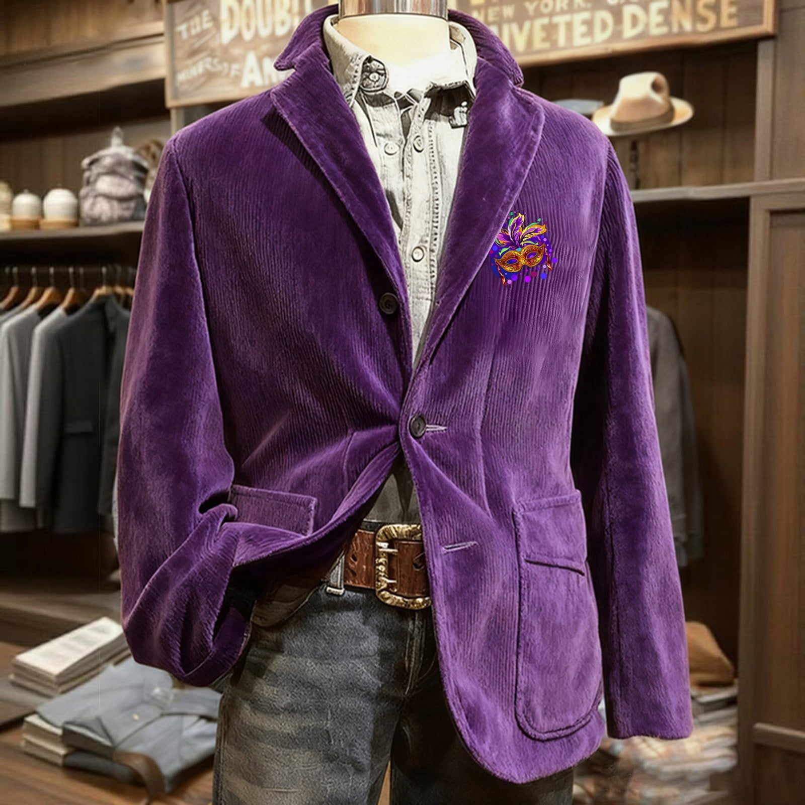 Mens Blazer Mardi Gras Suit Jacket Corduroy Mask Print Carnival Themed ...