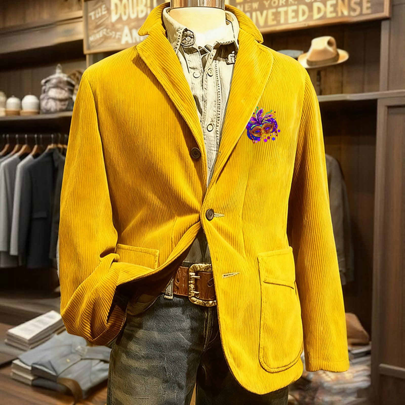 Mens Blazer Mardi Gras Suit Jacket Corduroy Mask Print Carnival Themed ...