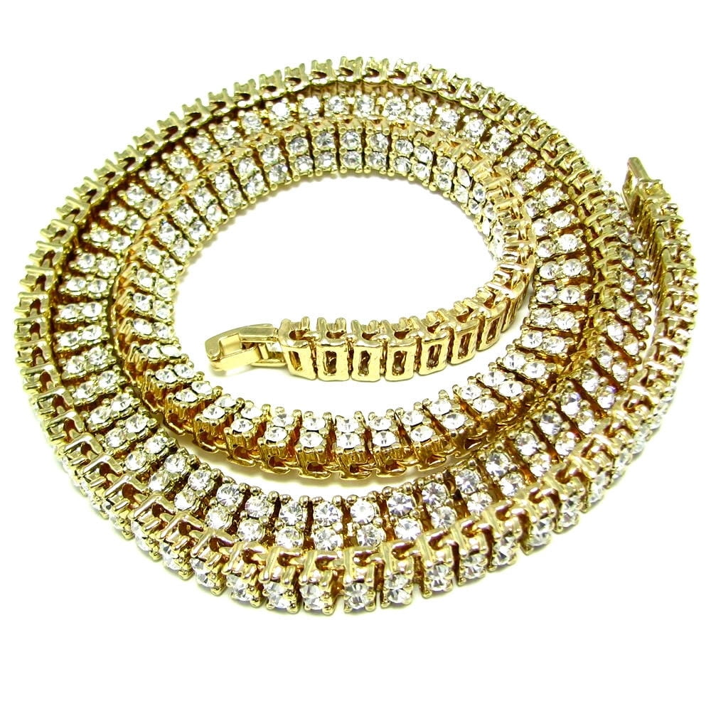 Mens Bling Necklace Double 2 Two Row Gold Finish Hip Hop Tennis Neck ...