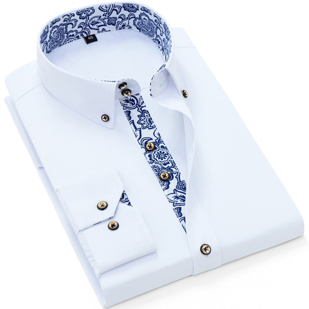 Mens Blue-and-white Porcelain Collar Shirt Long Sleeve Korean Slim ...