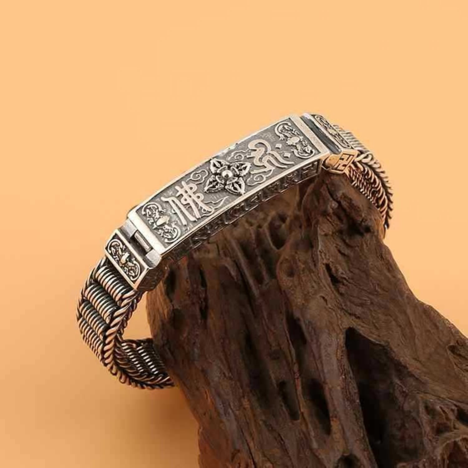 Mens Bracelet 20cm Tibetan Mantra Metal Vintage Style Handmade Spring ...