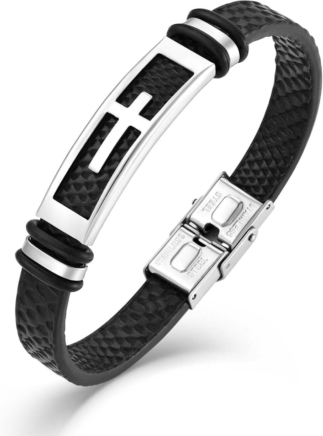 Mens Bracelet Stainless Steel Leather Braided Cuff Cross Cruxifix Jesus ...