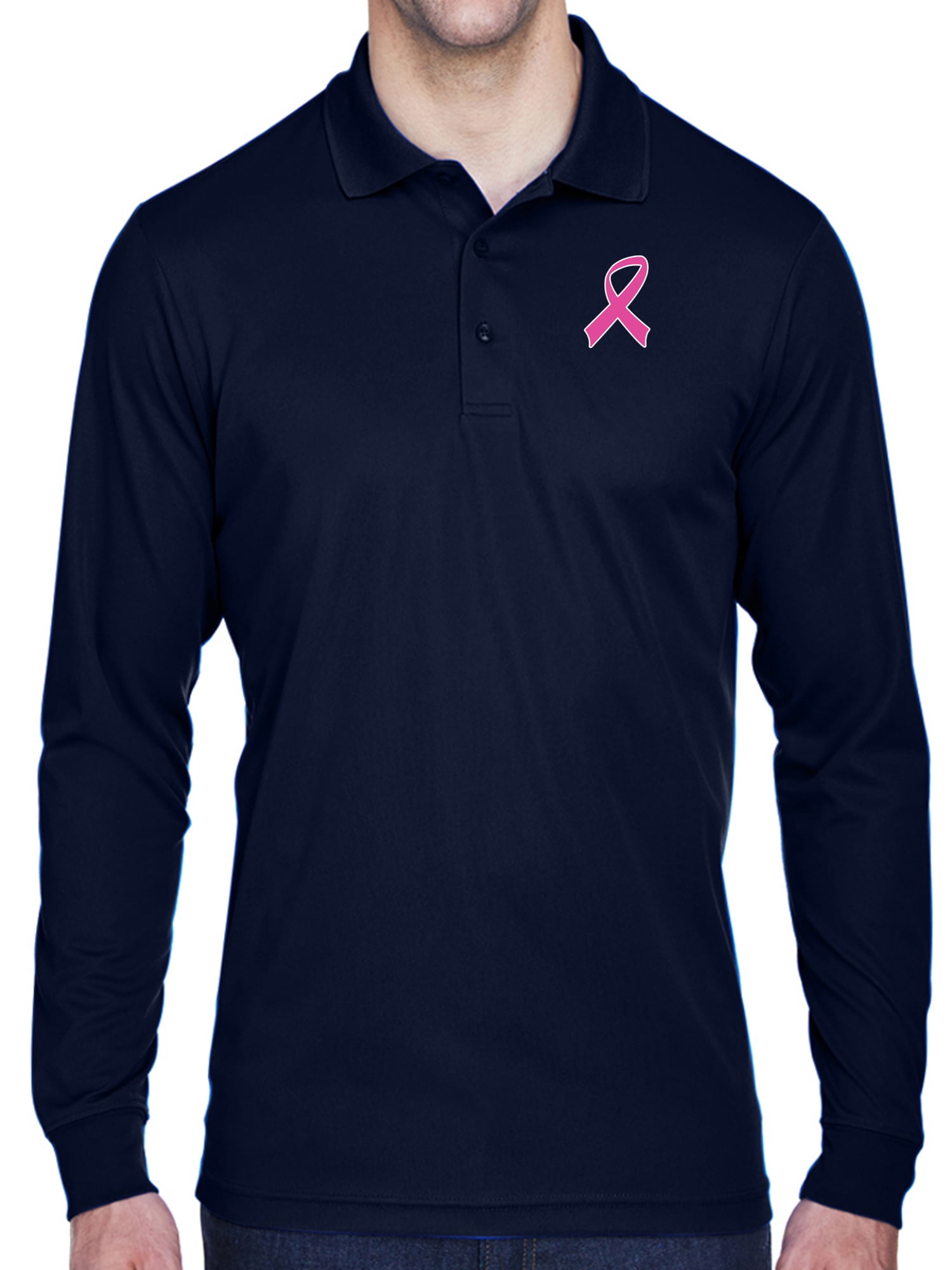 Mens Breast Cancer Awareness Pink Ribbon Long Sleeve Polo Shirt - Navy ...