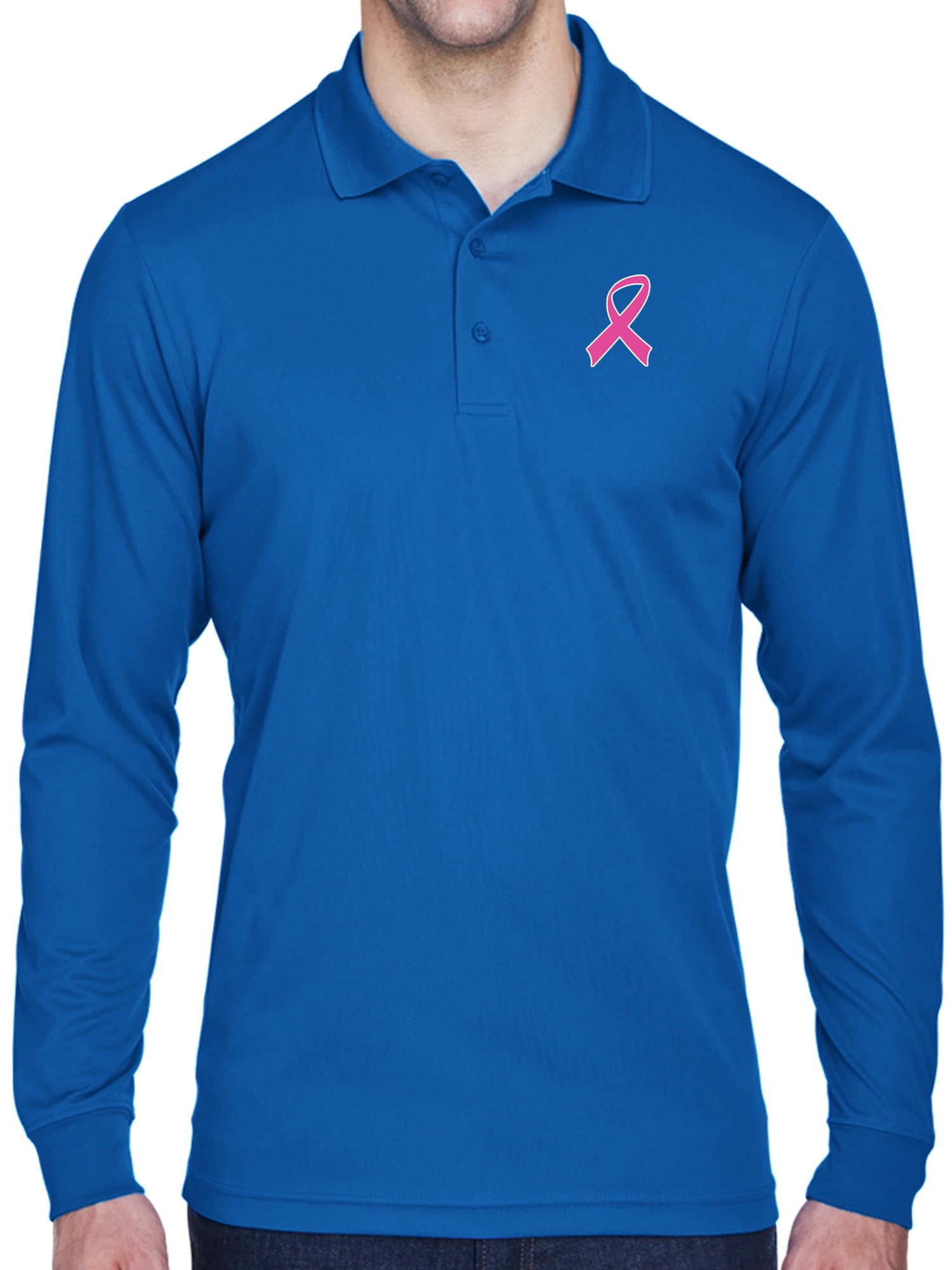 Mens Breast Cancer Awareness Pink Ribbon Long Sleeve Polo Shirt - Royal ...