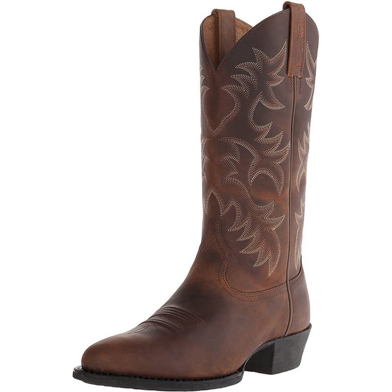 Mens Brown Cowboy Boots Classic Embroidered Snip Toe Wide Calf Mid ...