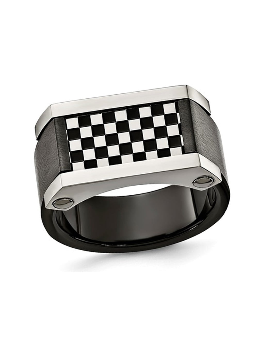 Mens Brushed and Polished Black Stainless Steel Checker Board Signet ...