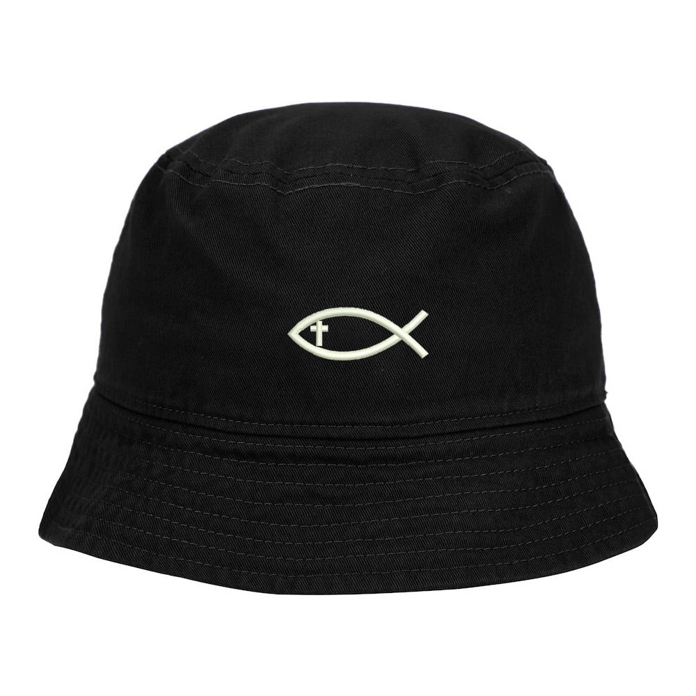 Mens Bucket Hat Jesus Christian Fish with Cross Embroidered Washed ...