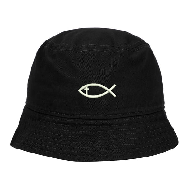 Mens Bucket Hat Jesus Christian Fish with Cross Embroidered Washed ...