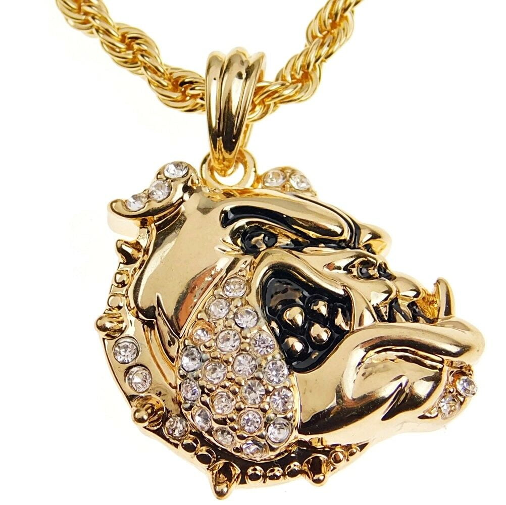 Mens Bulldog Rope Chain Bull Dog Head Bling Pendant Gold Finish Hip Hop ...