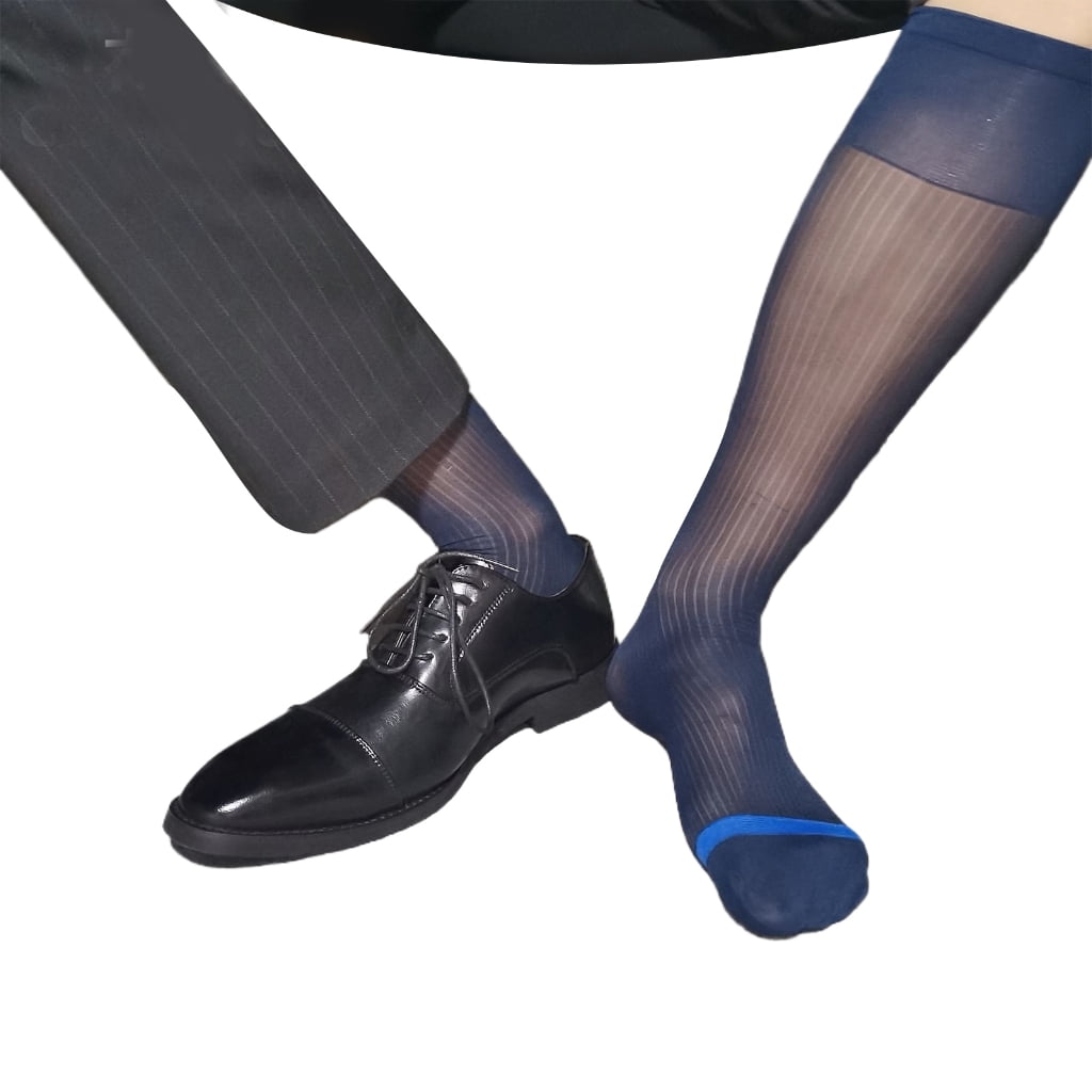 Mens Business Nylon Sheer Dress Socks Silk Over the Calf High Striped ...