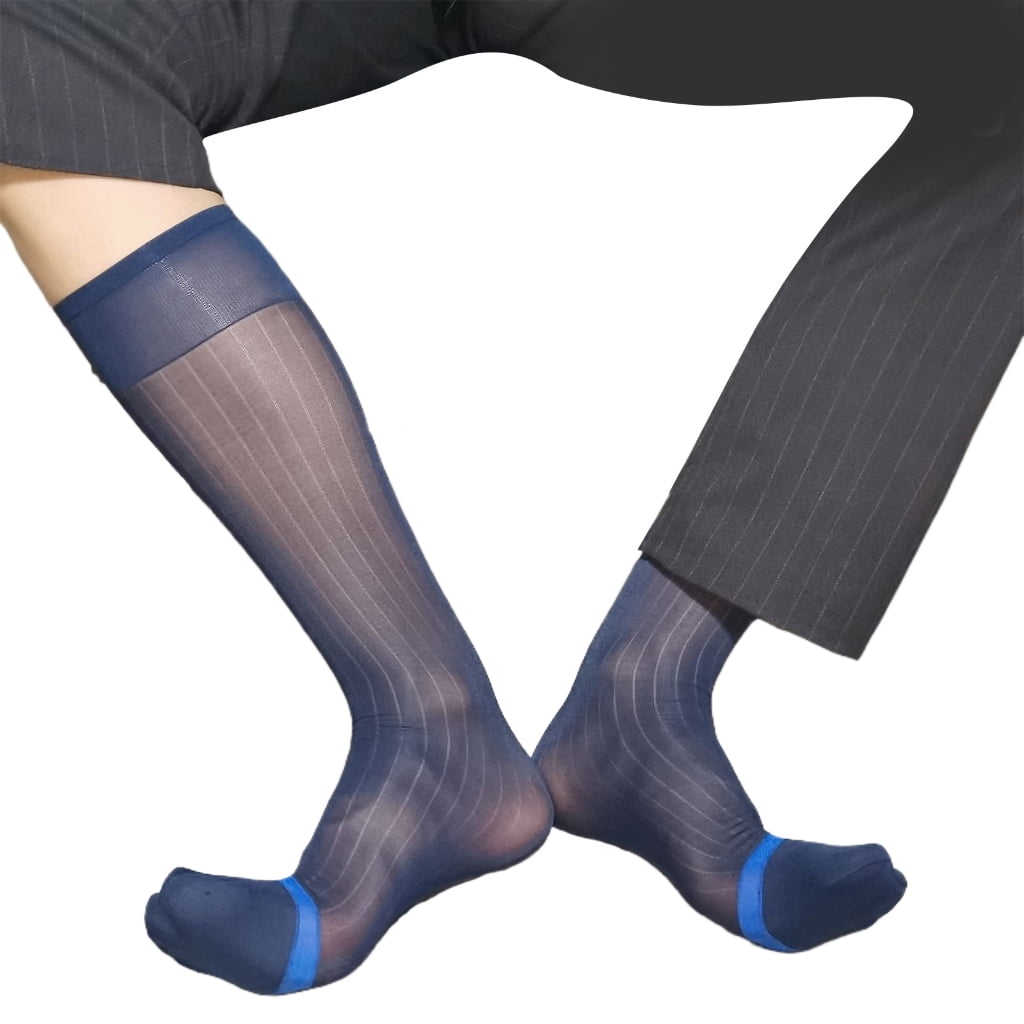 Mens Business Nylon Sheer Dress Socks Silk Over the Calf High Striped ...