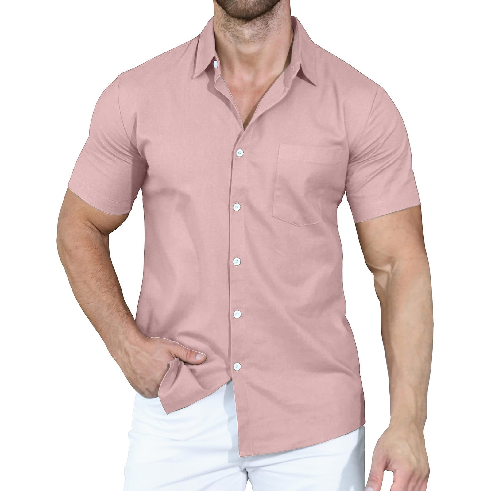 Mens Button Down Shirts Basic Short Sleeve Turndown Collar Dress Shirts Summer Fashion Solid ...