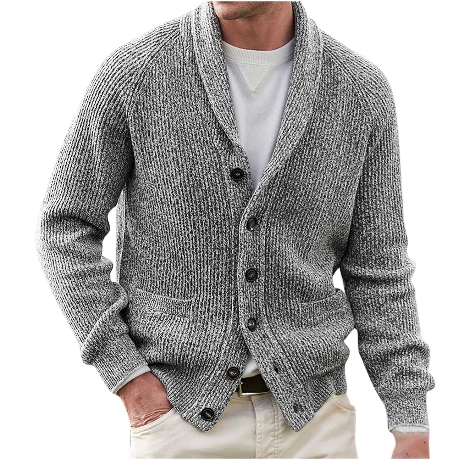 Mens Cable Knit Cardigan Mens Chunky Merino Wool Shawl Collar Cable