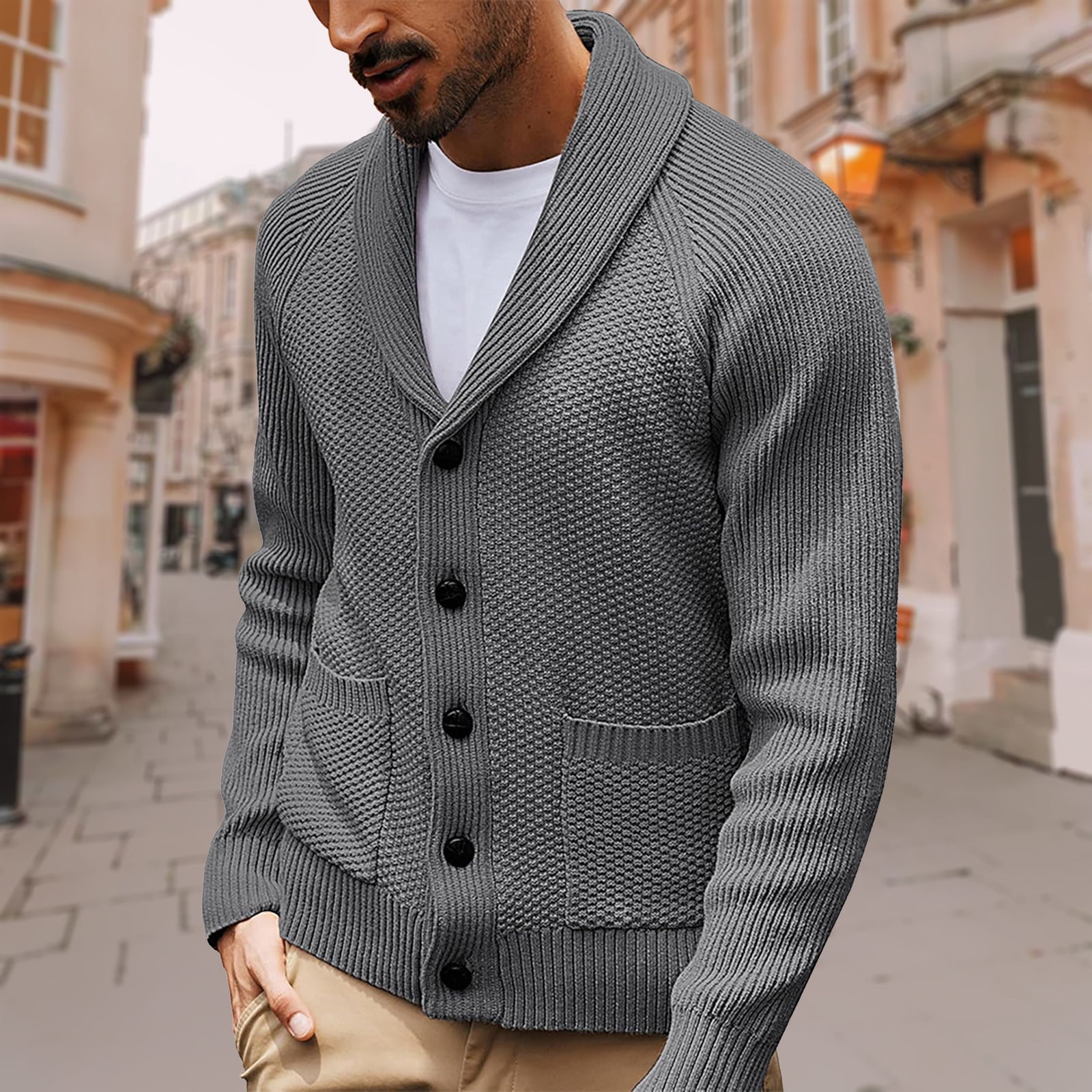 Mens Cable Knit Cardigan Sweater Shawl Collar Loose Fit Long Sleeve ...