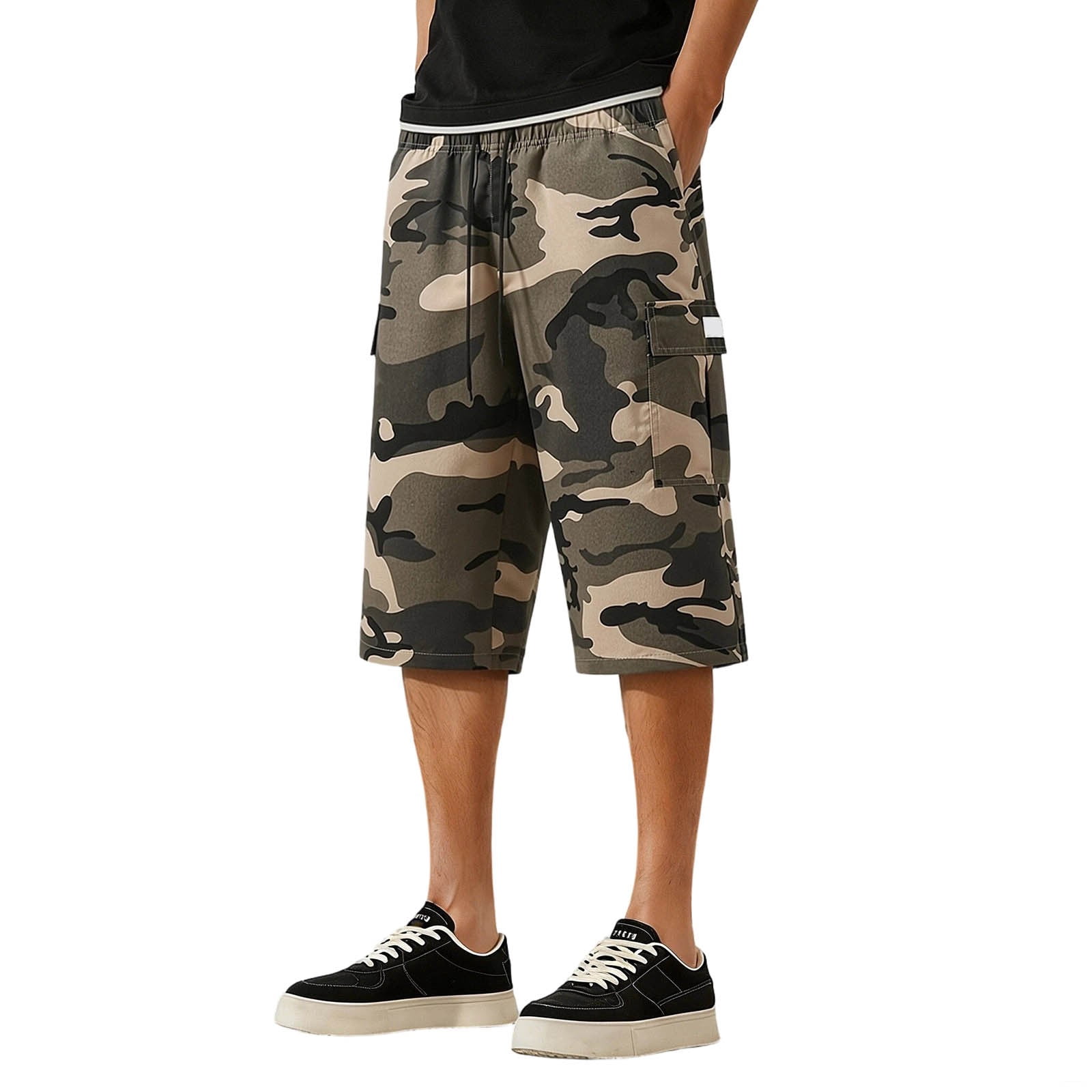 Mens Camo Cargo Shorts Elastic Waist Straight Leg Capri Pants for ...